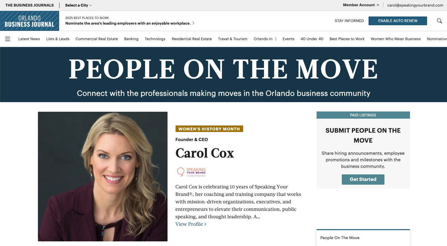 Founder Carol Cox Featured in OBJ’s People on the Move | Speaking Your ...